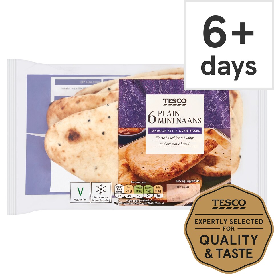 Tesco 6 Mini Plain Naan Breads 282G - Tesco Groceries