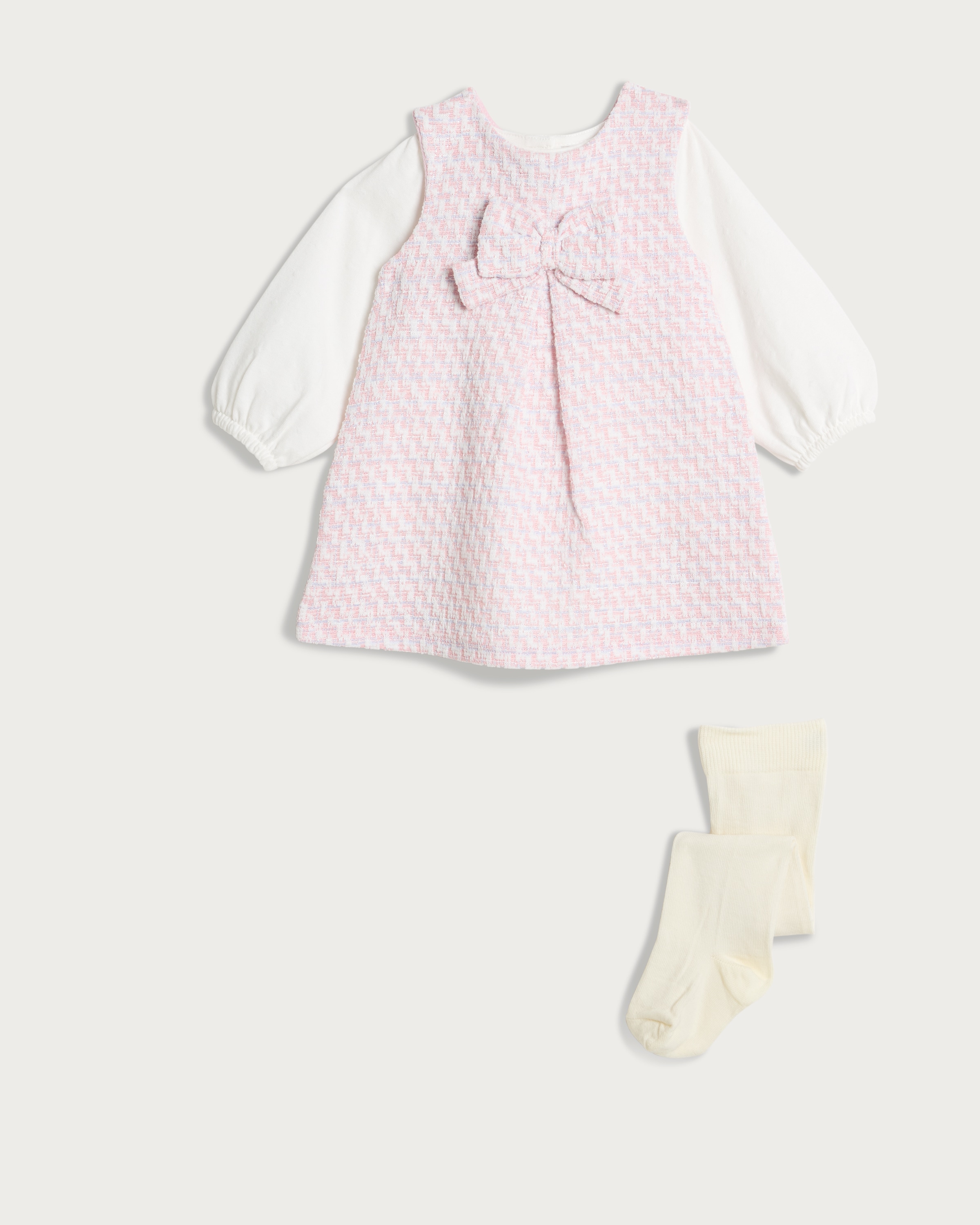 F&F Baby 3-Piece Bow Dress, Bodysuit and Tights in Pink - Tesco Groceries