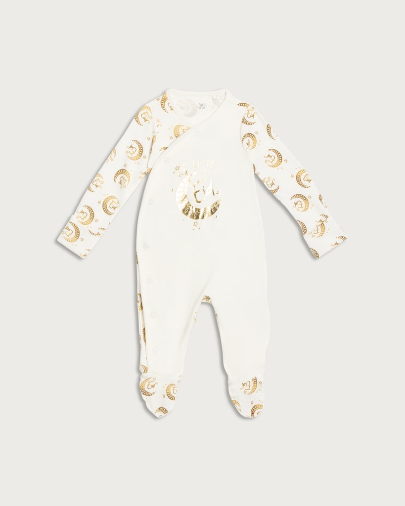 F&F Baby Pure Cotton Eid Long Sleeved Sleepsuit in White - Tesco Groceries