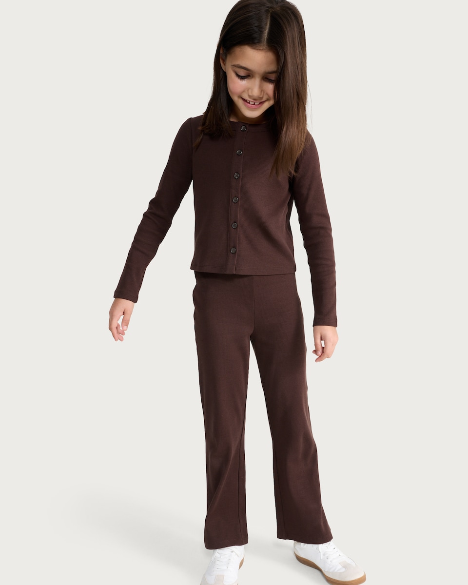 F&F Girls 2-Piece Cotton Rich Ribbed Cardigan and Trousers Set in Brown ...