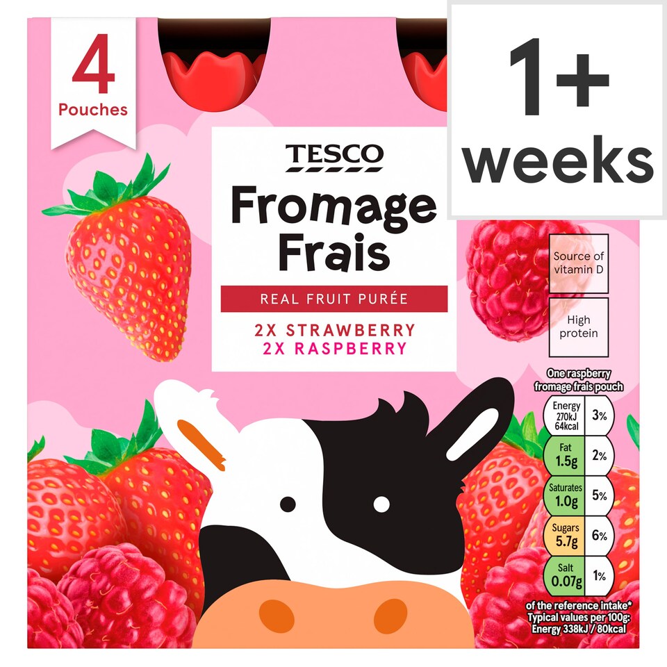 Tesco Fromage Frais Strawberry Raspberry Pouches 4 X 80G - Tesco Groceries