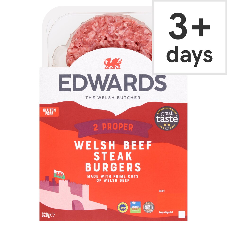 Edwards Of Conwy Welsh Steak Burgers 320G - Tesco Groceries