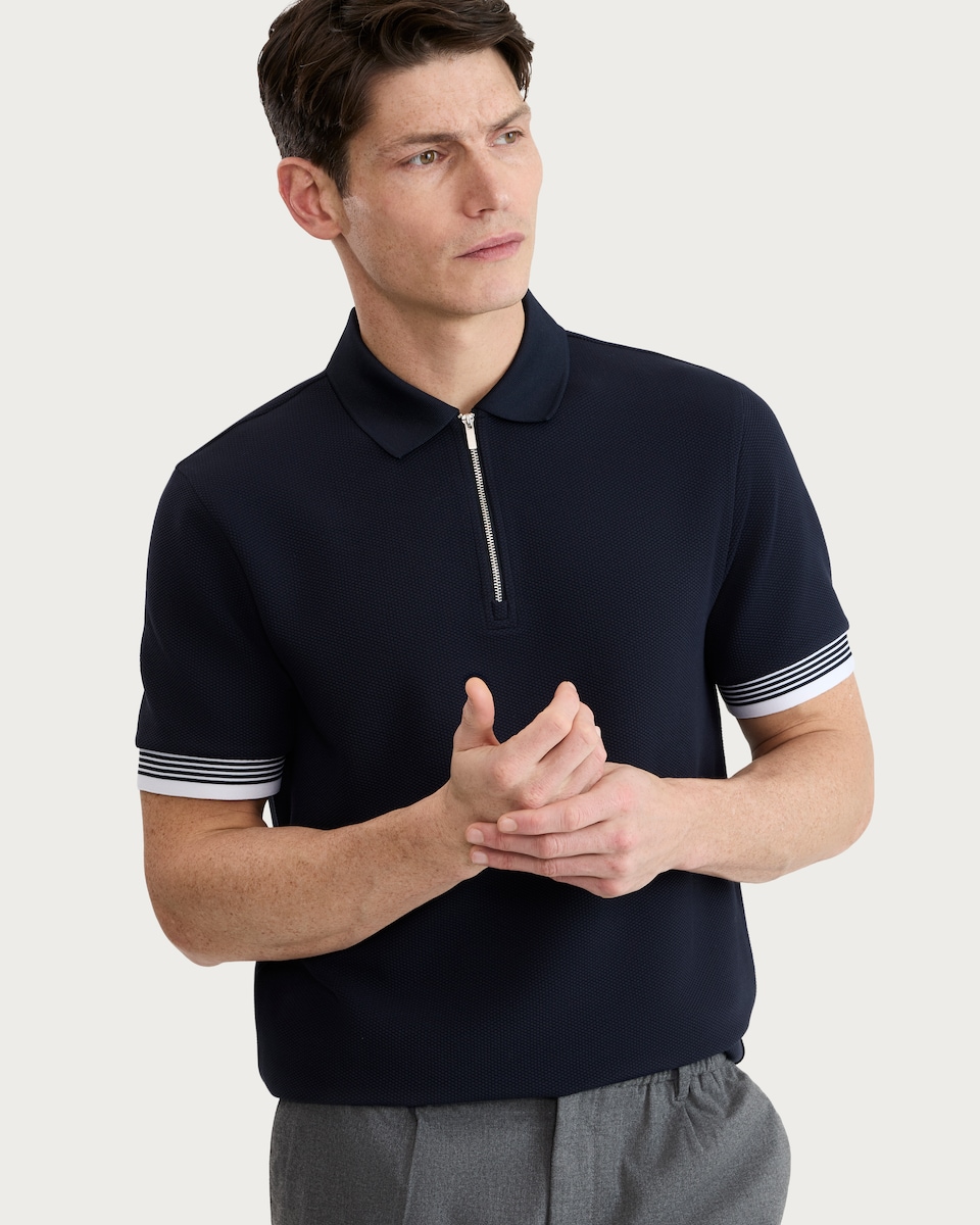 F&F Textured Zip Neck Short Sleeved Polo Shirt in Navy - Tesco Groceries