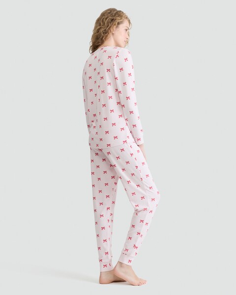 F&F Bow Print Top and Cuffed Joggers Pyjamas in Pink - Tesco Groceries