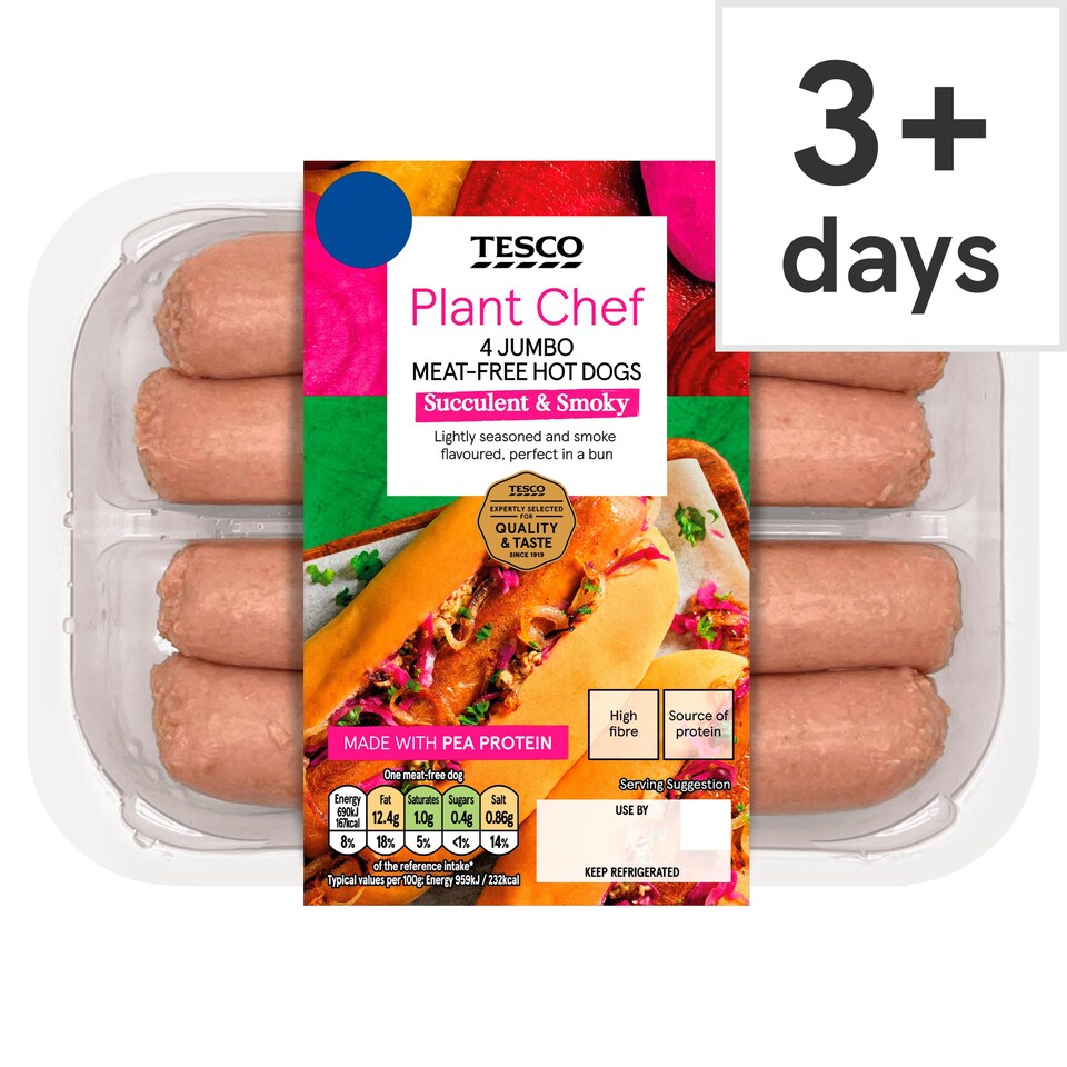 Tesco Plant Chef 4 Jumbo Meat-Free Hot Dogs 320g - Tesco Groceries