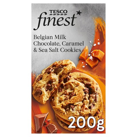 Tesco Finest Belgian Milk Chocolate, Caramel & Sea Salt Cookies 200g ...