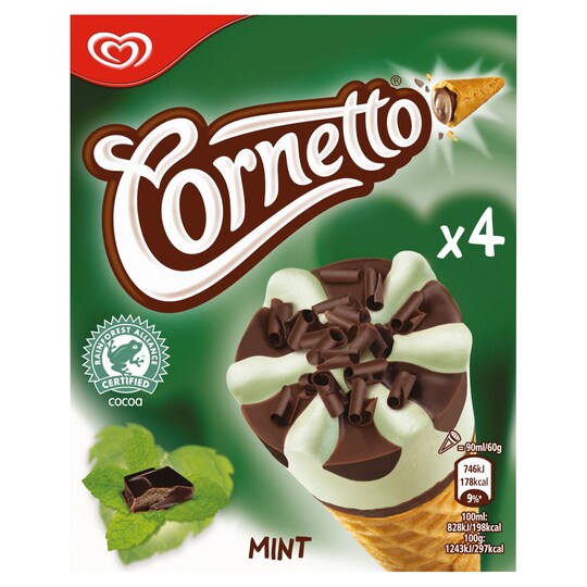 Cornetto Mint Ice Cream Cone 4 X 90Ml - Tesco Groceries