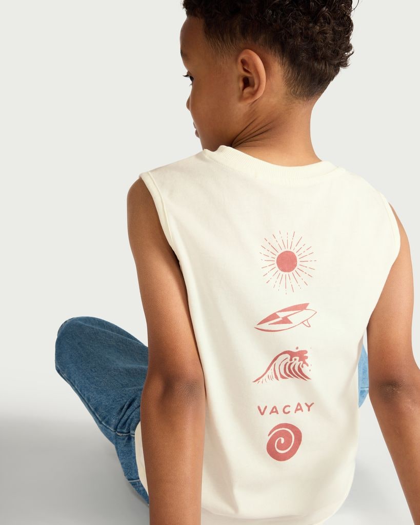 F&F Boys Pure Cotton Printed Oversized Fit Vest in Cream - Tesco Groceries