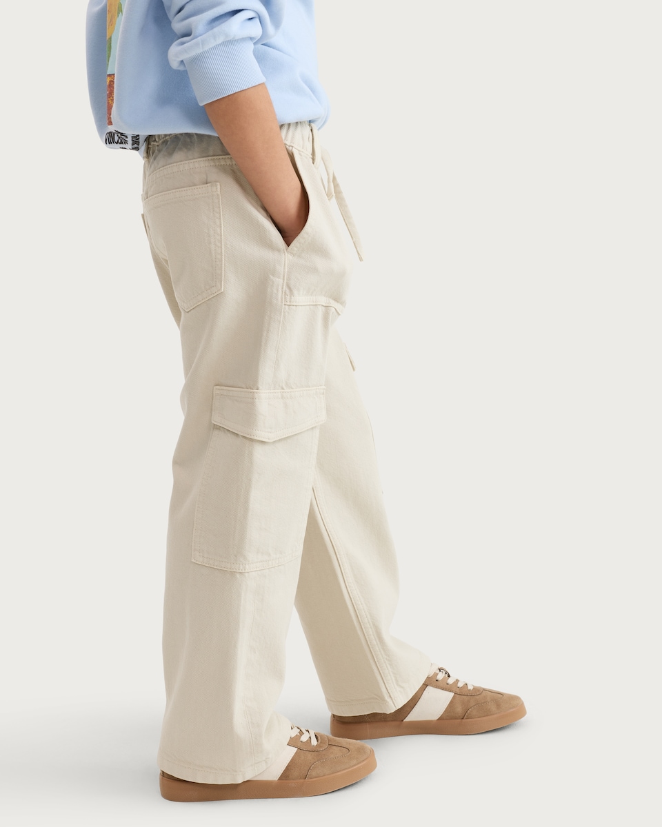 F&F Girls Pure Cotton Wide Leg Drawstring Cargo Jeans in Cream - Tesco ...