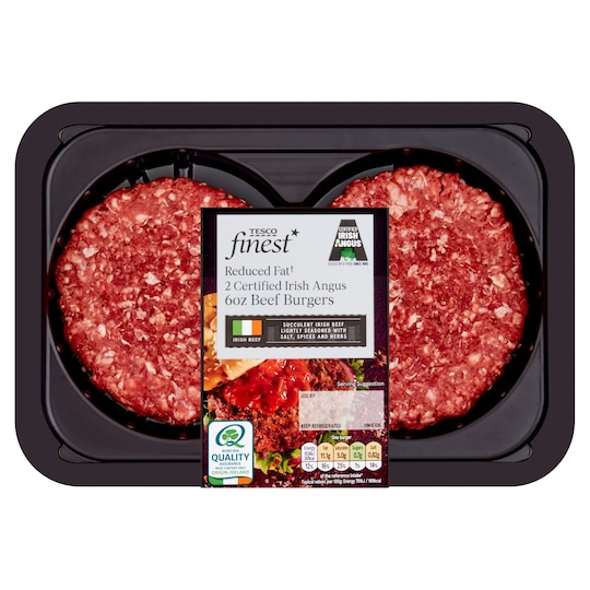 Tesco Finest Reduced Fat Irish Angus 6Oz Beef Burgers 340G - Tesco ...