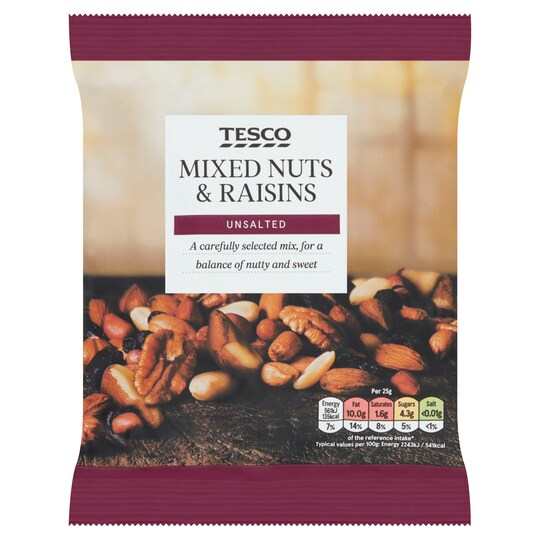 Tesco Unsalted Mixed Nuts & Raisins 250G - Tesco Groceries