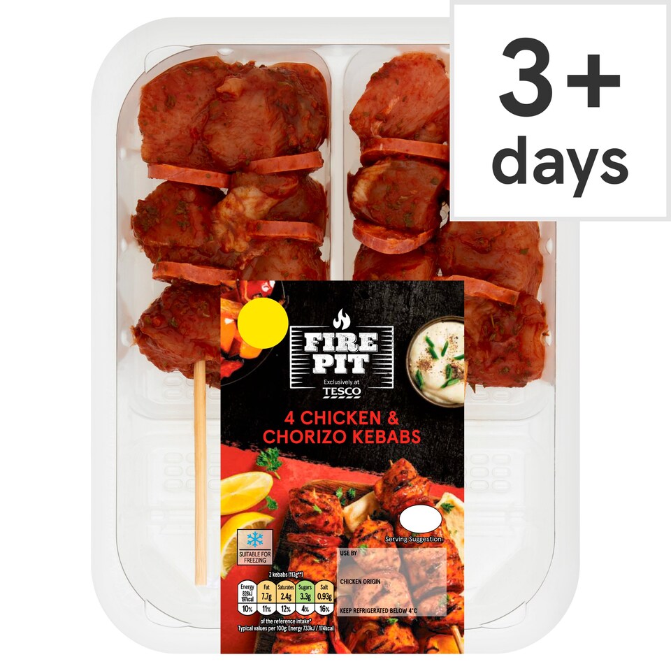 Tesco Fire Pit Chicken & Chorizo Kebabs 272G - Tesco Groceries