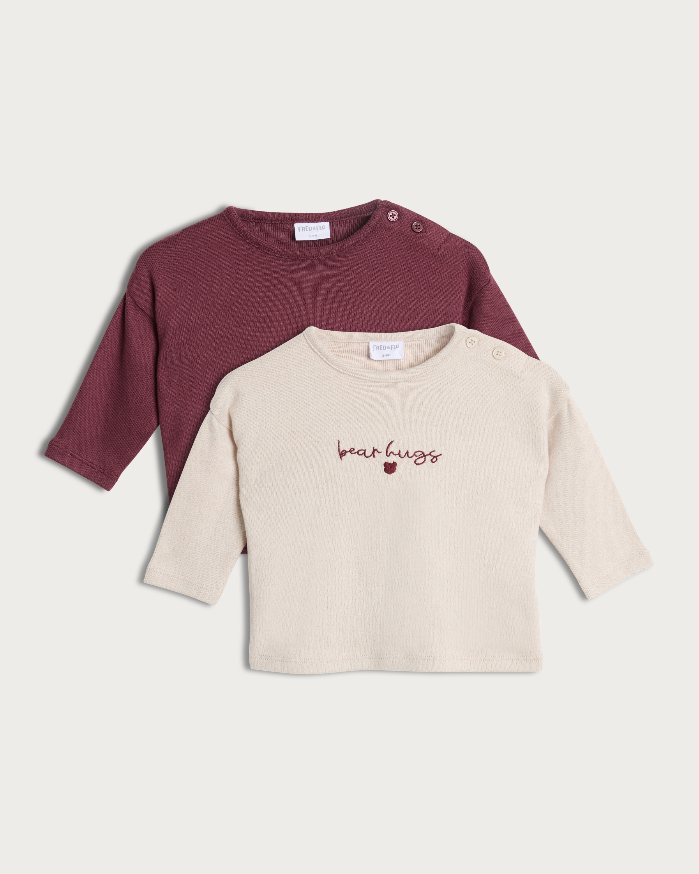 F&F Baby 2-Pack Textured Long Sleeved Tops in Burgundy - Tesco Groceries