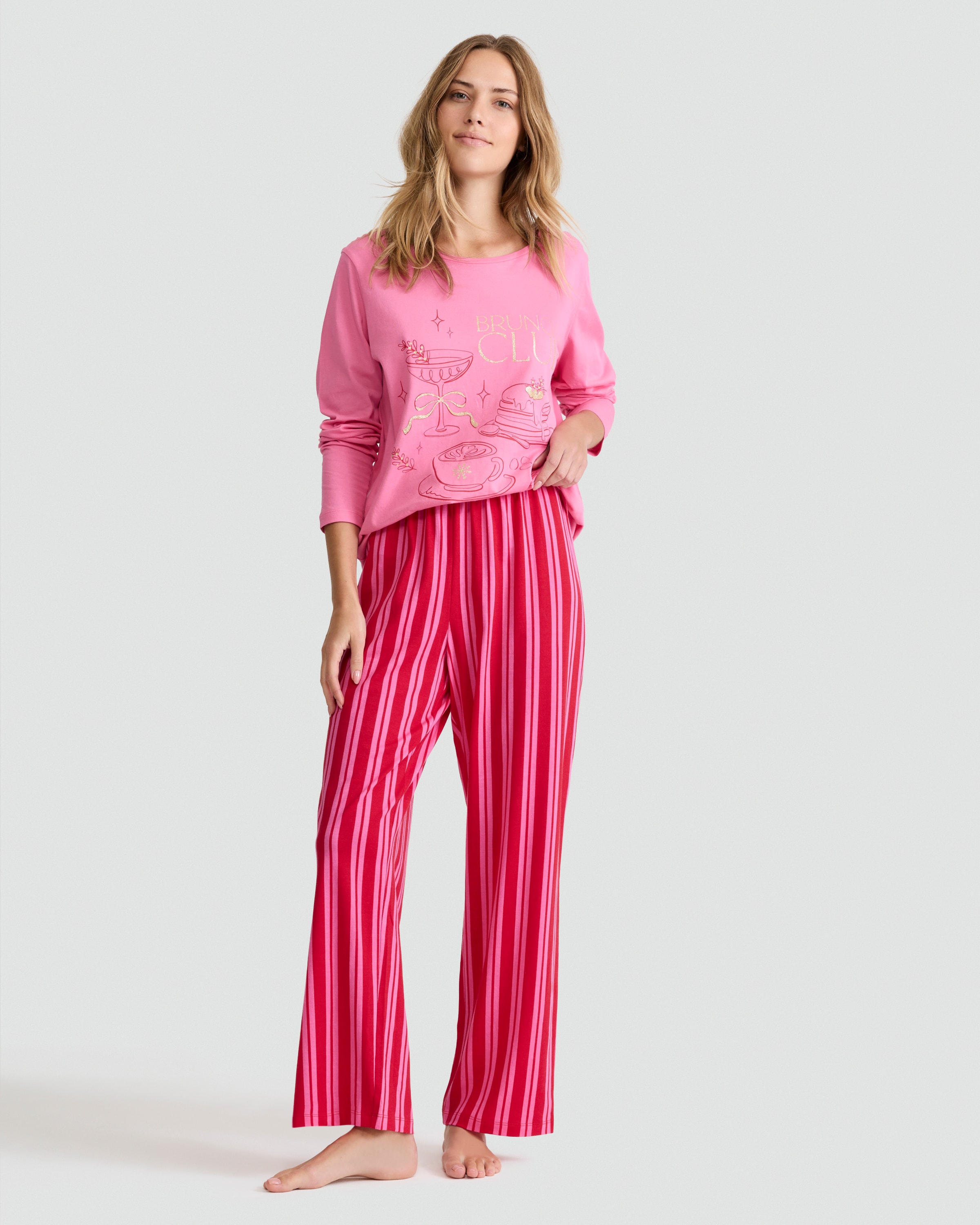 F&F Pure Cotton Brunch Club Top and Wide Leg Bottoms Pyjamas in Pink ...