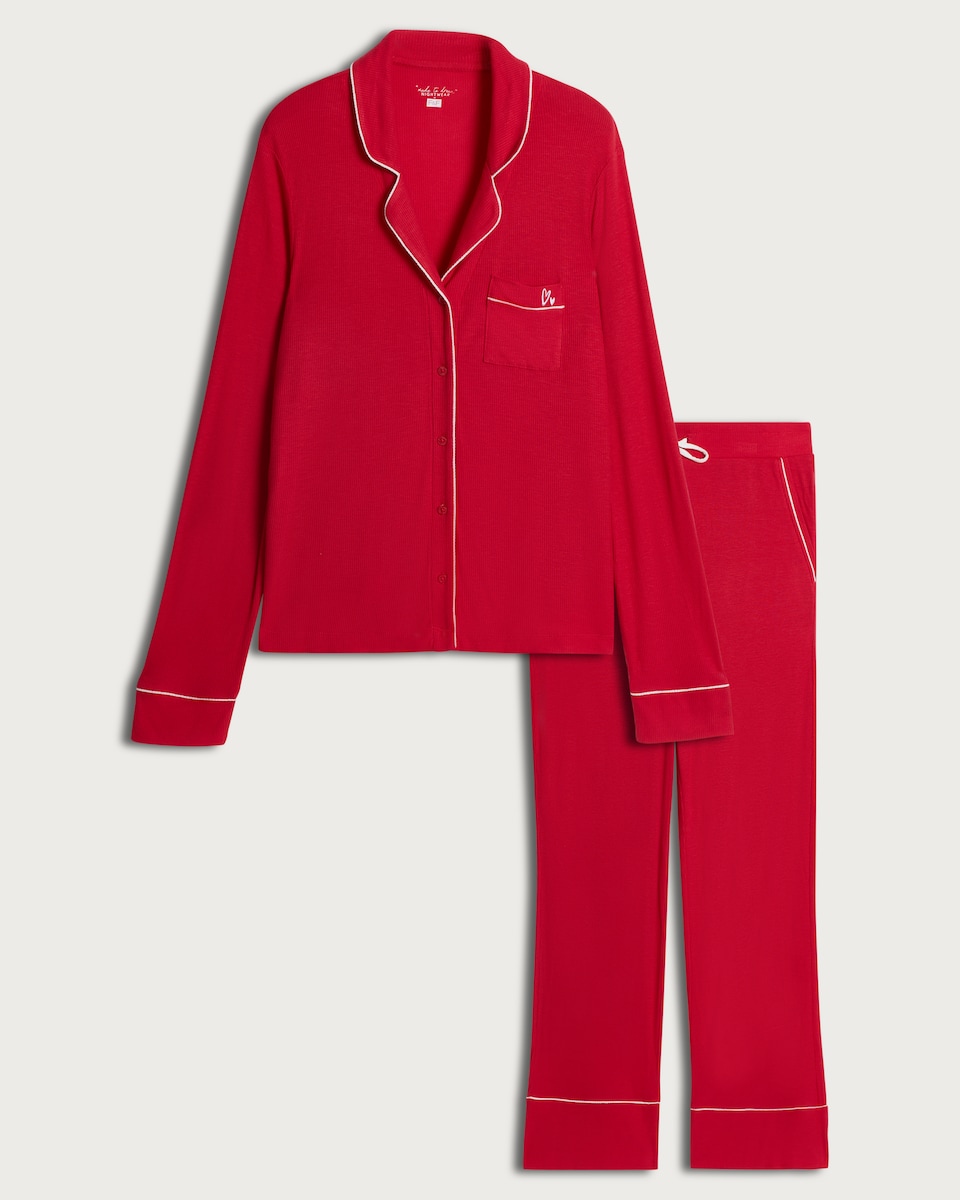 F&F Ribbed Contrast Trim Pyjama Set in Red - Tesco Groceries