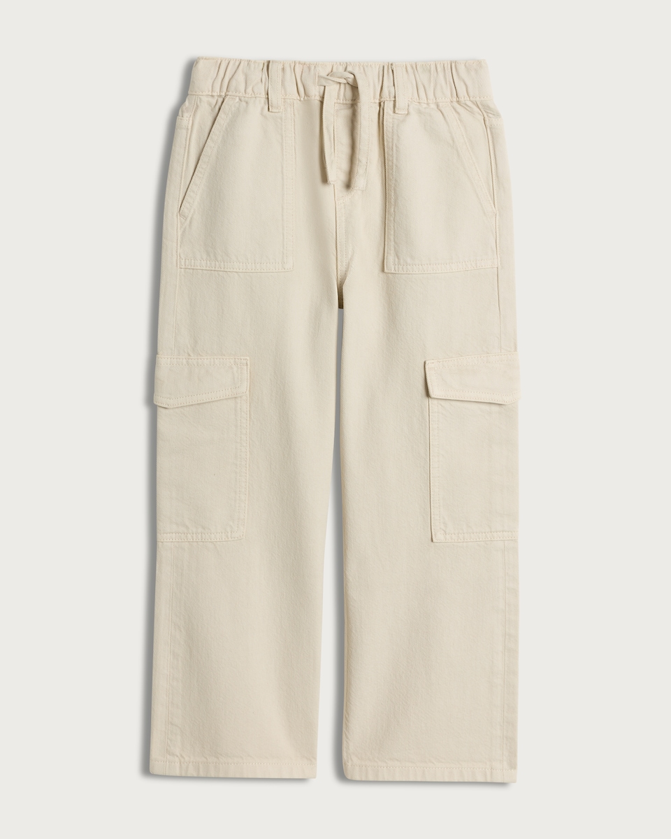 F&F Girls Pure Cotton Wide Leg Drawstring Cargo Jeans in Cream - Tesco ...