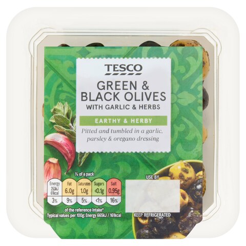 Tesco Green & Black Olives With Garlic & Herbs 150g - Tesco Groceries