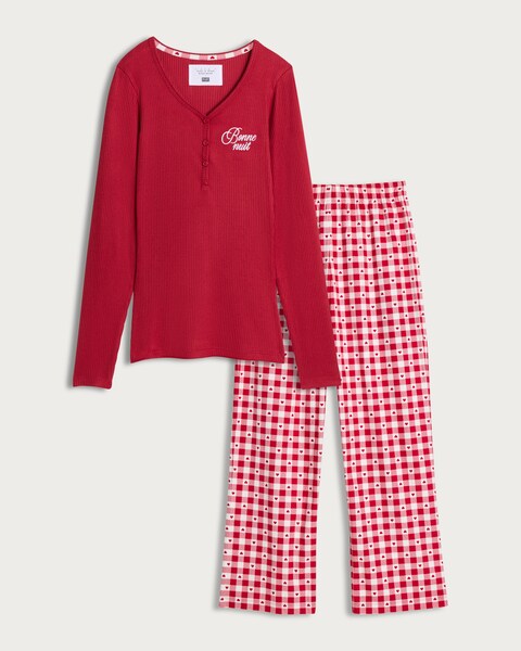 F&F Ribbed Top and Check Wide Leg Trousers Pyjamas in Red - Tesco Groceries