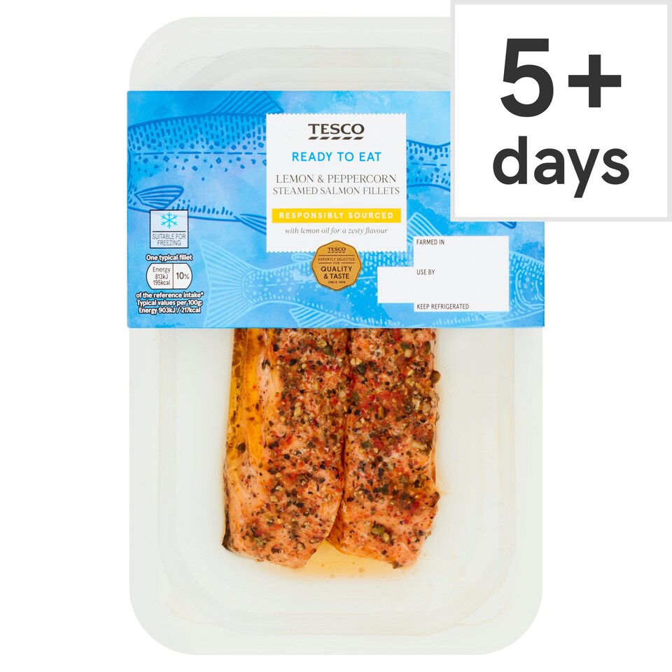 Tesco Ready To Eat 2 Lemon & Peppercorn Steamed Salmon Fillets 180G ...