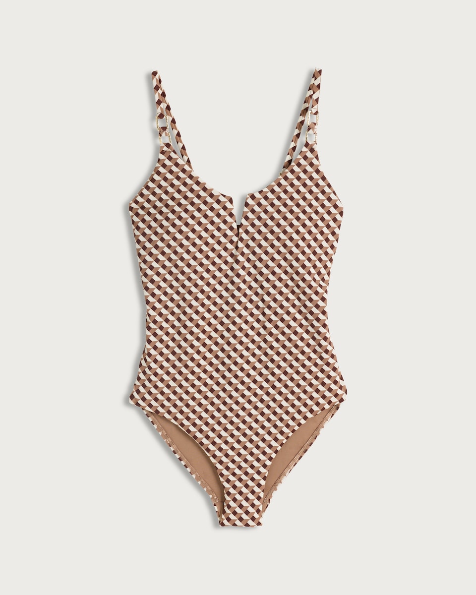 F&F Geometric Print Cut Out Plunge Swimsuit in Multi Brown - Tesco ...