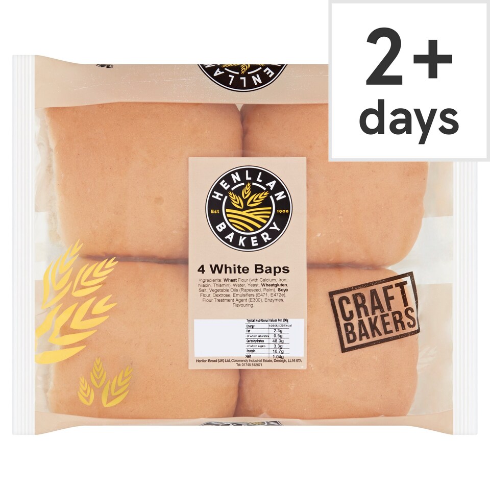Henllan Bakery White Baps X4 - Tesco Groceries