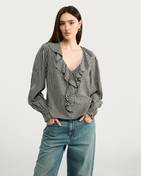 F&F Cotton Blend Gingham Ruffle Blouse in Multi Black White - Tesco ...