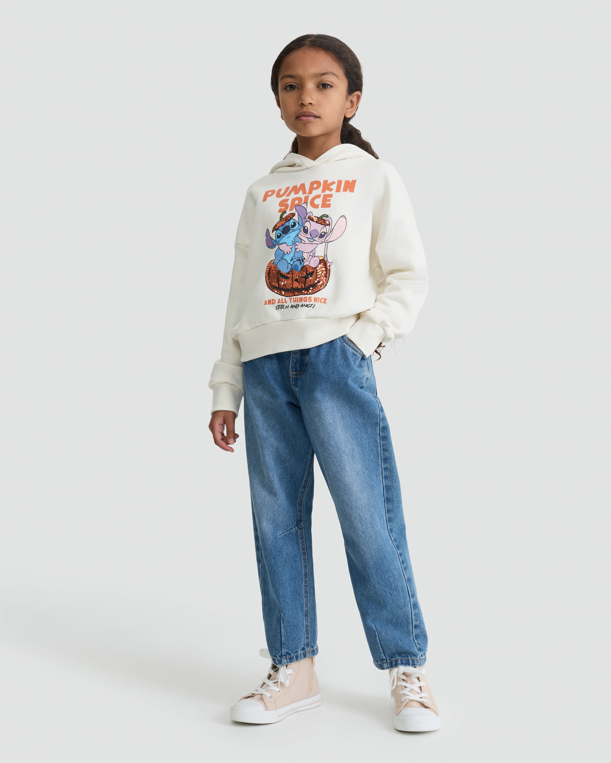 Disney Stitch and Angel Pumpkin Spice Print Cotton Rich Hoodie in Cream ...