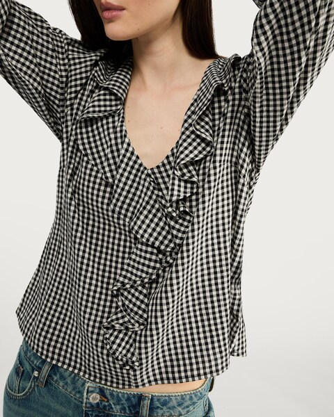 F&F Cotton Blend Gingham Ruffle Blouse in Multi Black White - Tesco ...
