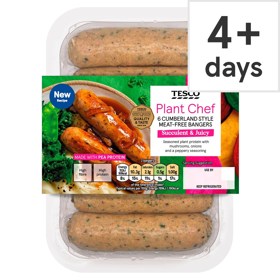 Tesco Plant Chef 6 Cumberland Style Meat-Free Bangers 300g - Tesco ...