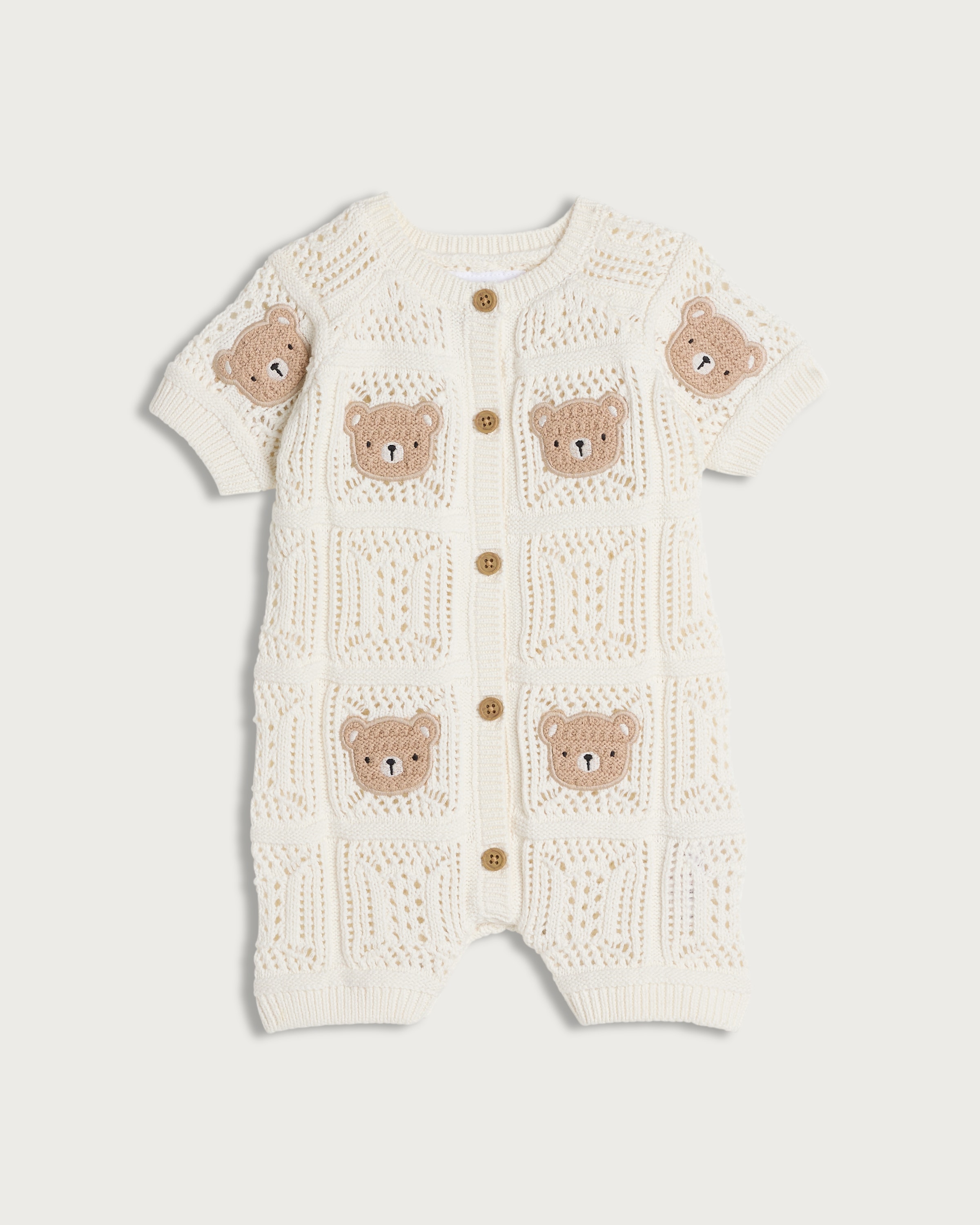 F&F Baby Pure Cotton Knitted Bear Pattern Short Sleeved Romper in White ...