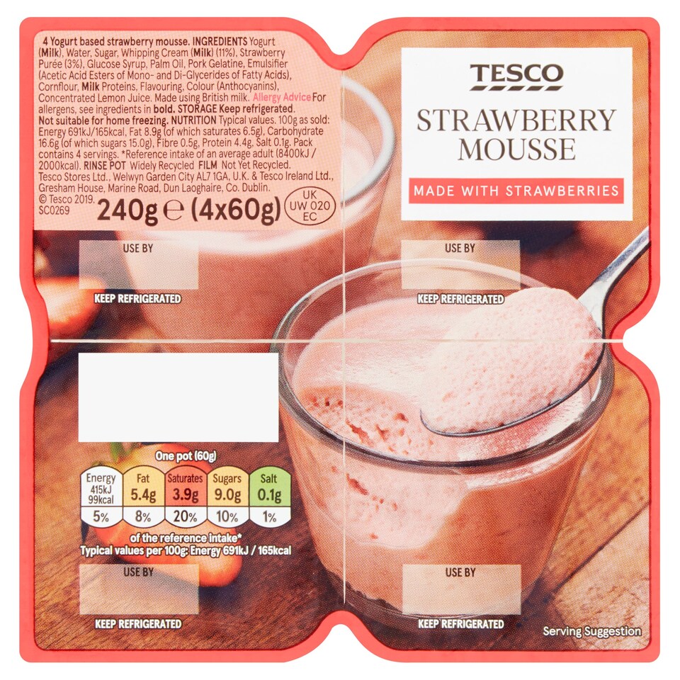 Tesco Strawberry Mousse 240G (4X60g) - Tesco Groceries
