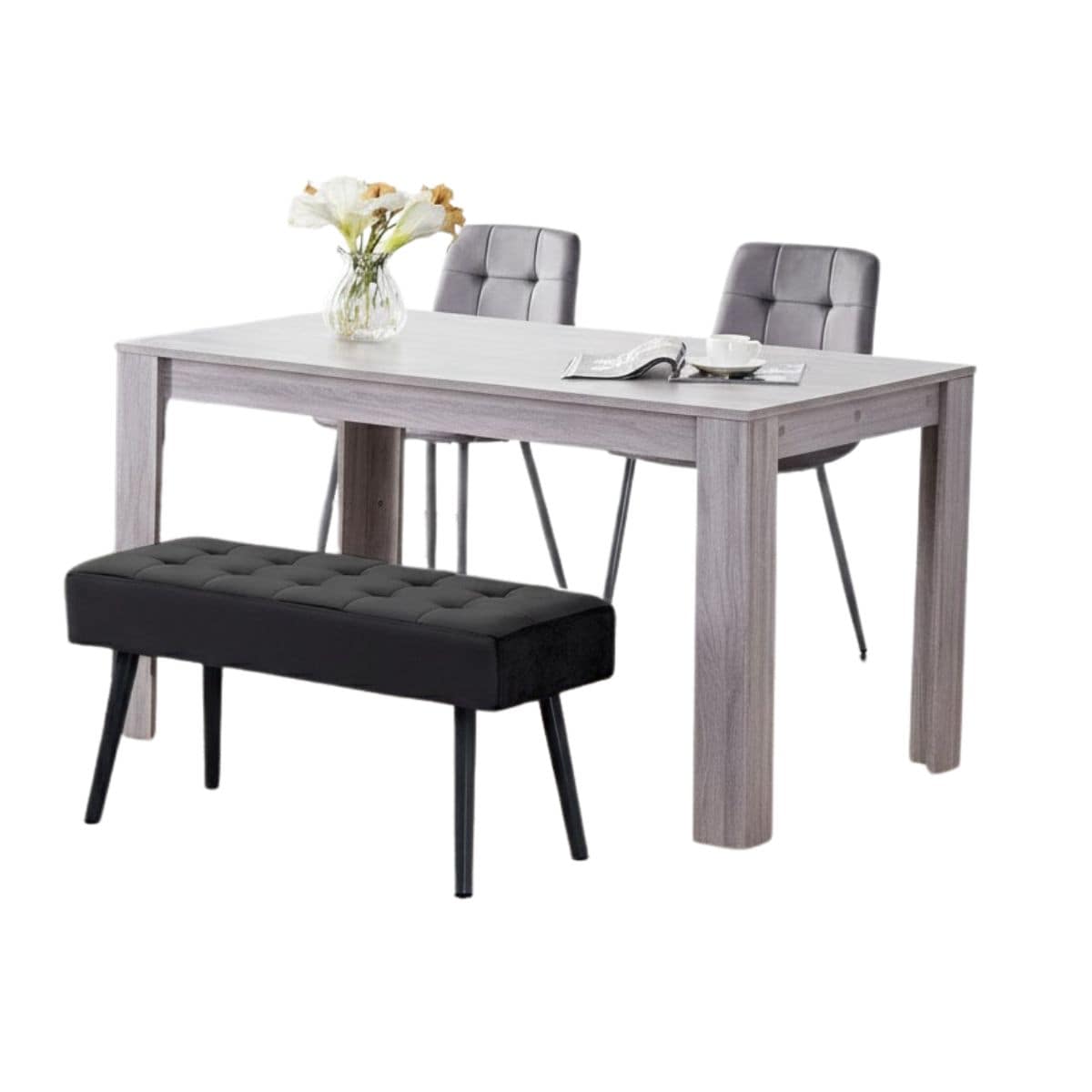 Dining Table and 2 Chairs With Bench 2 Grey Velvet Chairs Wood Table ...