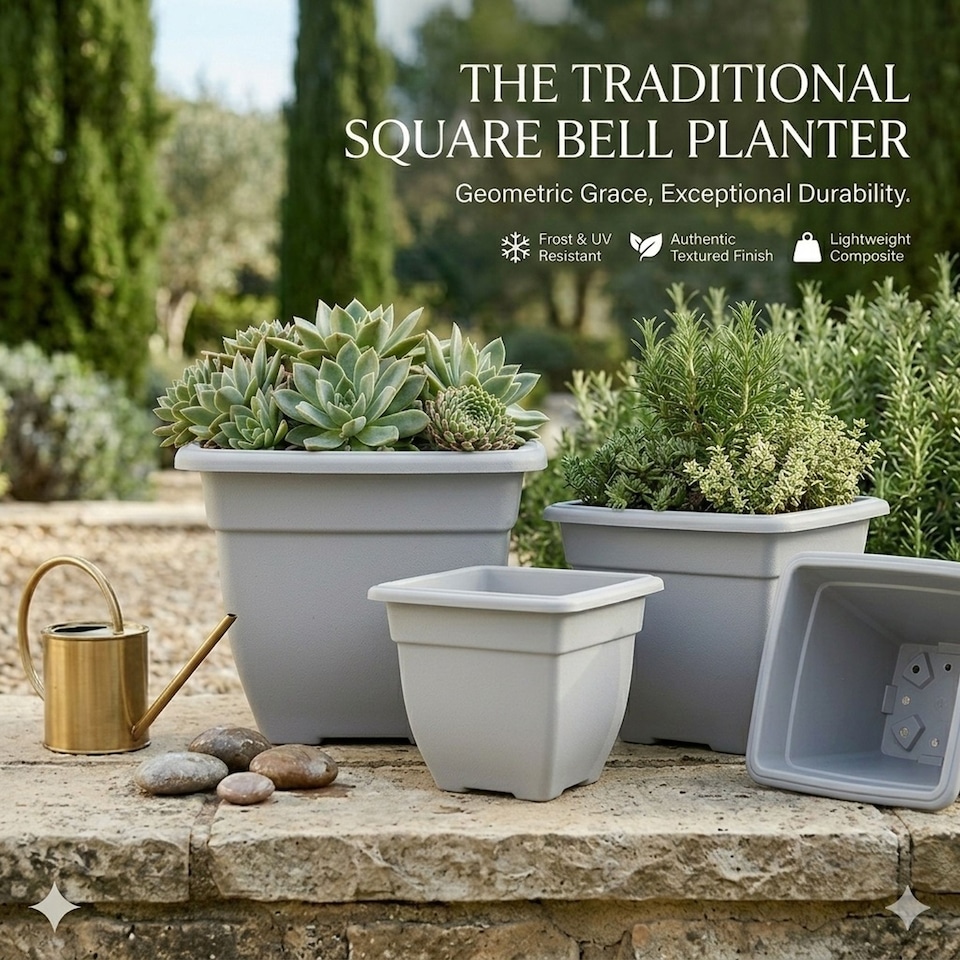 6x Grey Square Bell Plant Pot 38cm Plastic Bell Planter Patio Flowerpot ...
