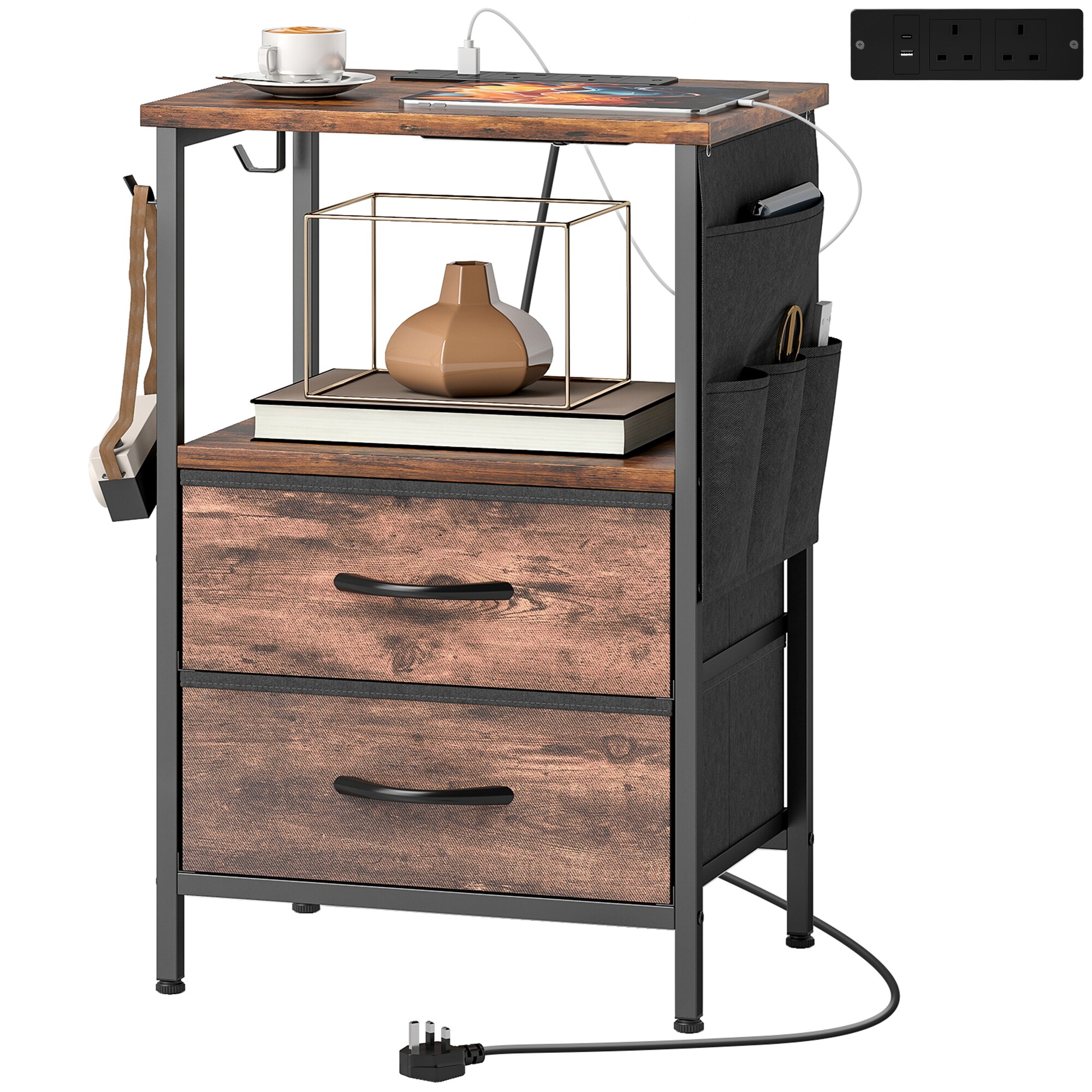 HOMCOM Slim Side Table with Charging Station, Bedside Table | Brown ...