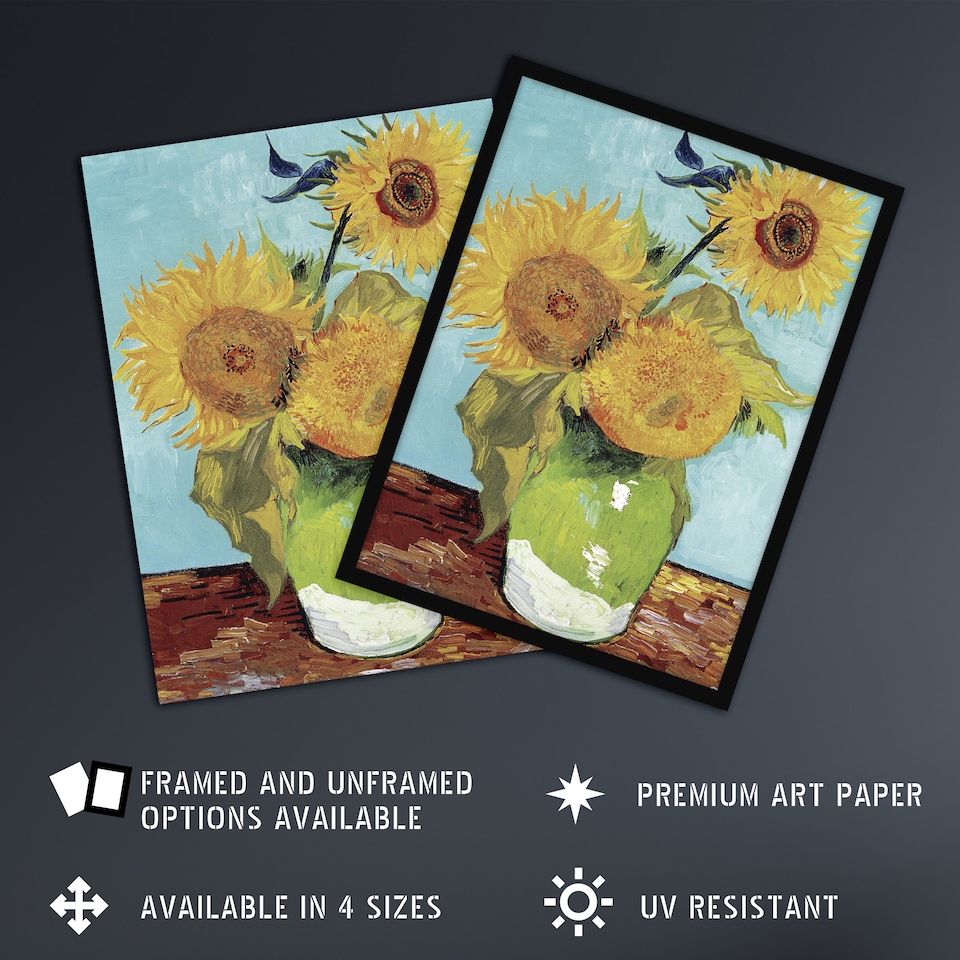 Vase with Three Sunflowers Van Gogh Vintage Framed Wall Art Print 12X16 ...