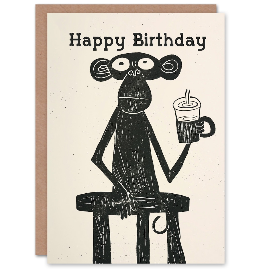 Coffee Lover Cartoon Monkey Chimp Black Birthday Card - Tesco Groceries