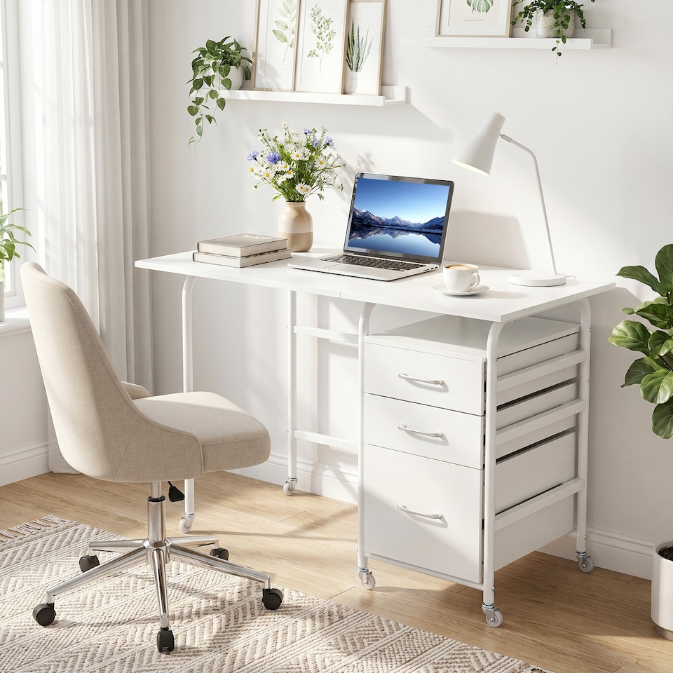 COSTWAY Folding Desk with 3 Drawers Convertible Computer Desk with ...