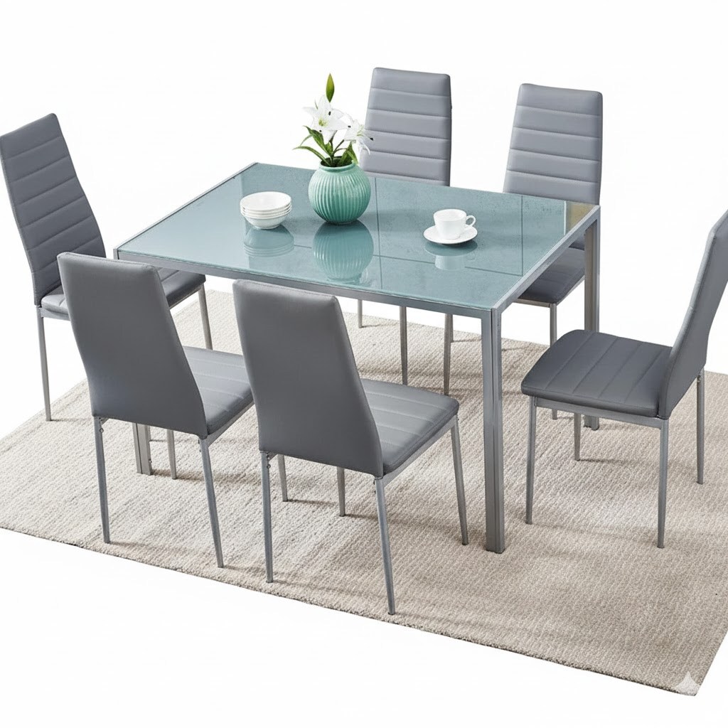 Grey Glass Dining Table Set With 6 Grey Faux Leather Chairs Dining Room ...