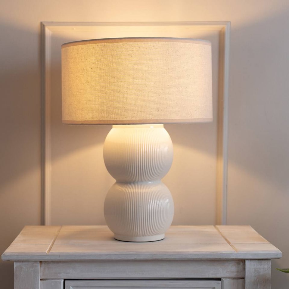 ValueLights Gemma Cream Trim Shade Stacked Ribbed Pot Table Lamp ...