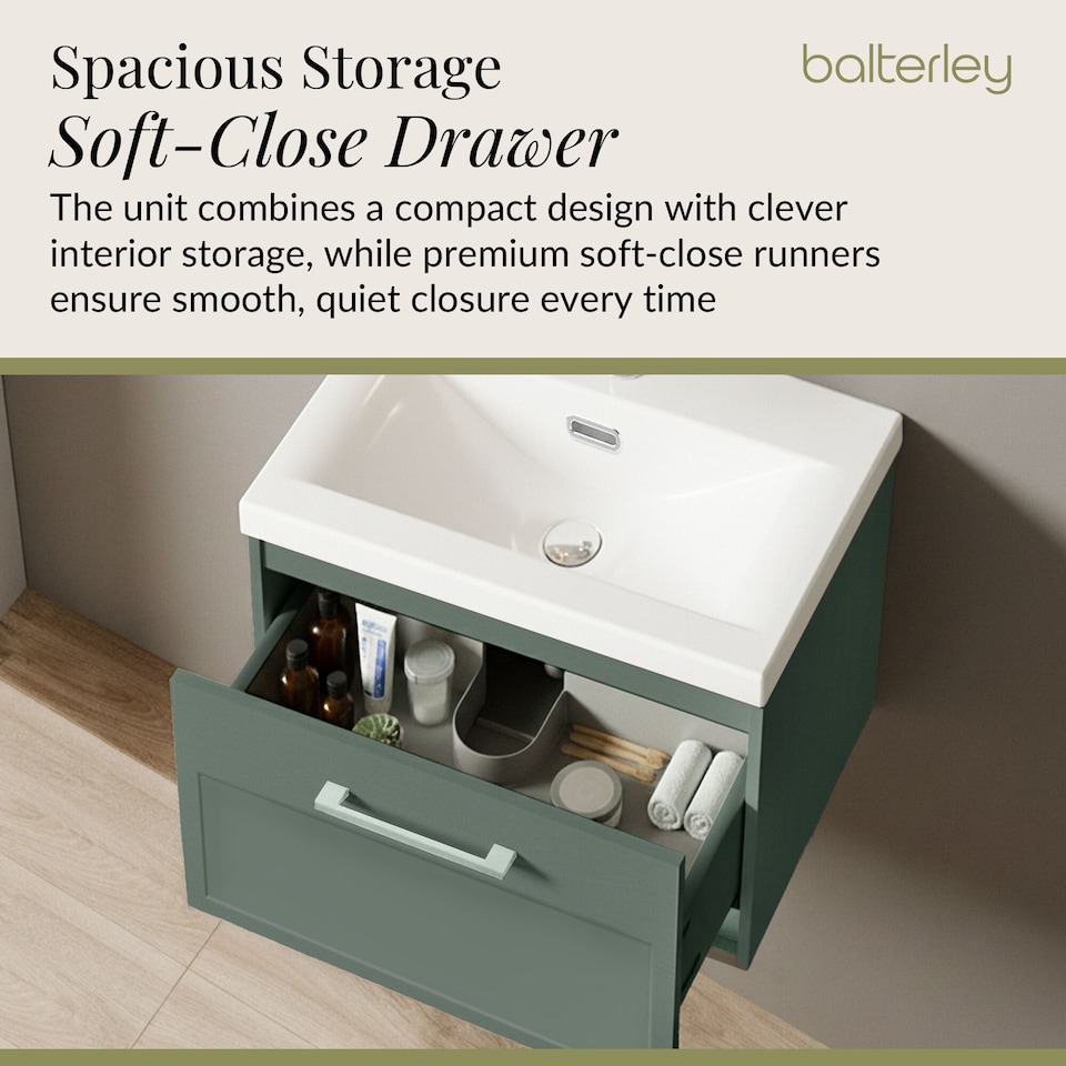 Wall Hung 1 Drawer Vanity Unit & 1TH Fireclay Basin, 500mm, Green ...