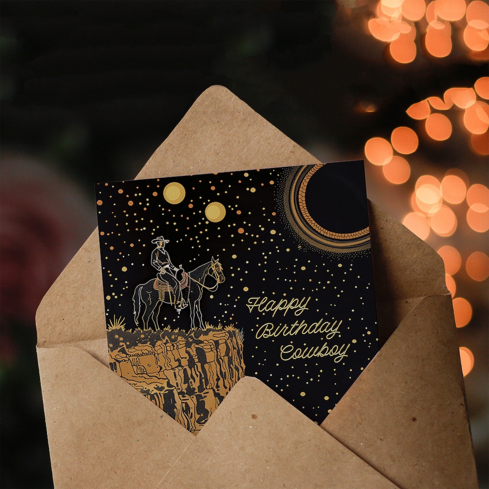 Cowboy Canyon Horse Ride Night Modern Folk Art Birthday Card - Tesco ...