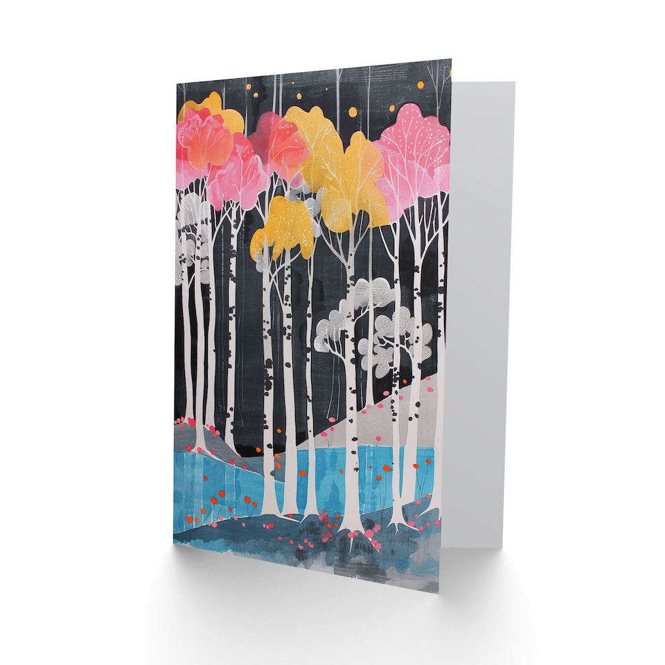Greeting Card Colourful Birch Tree Forest River Bank Landscape - Tesco ...