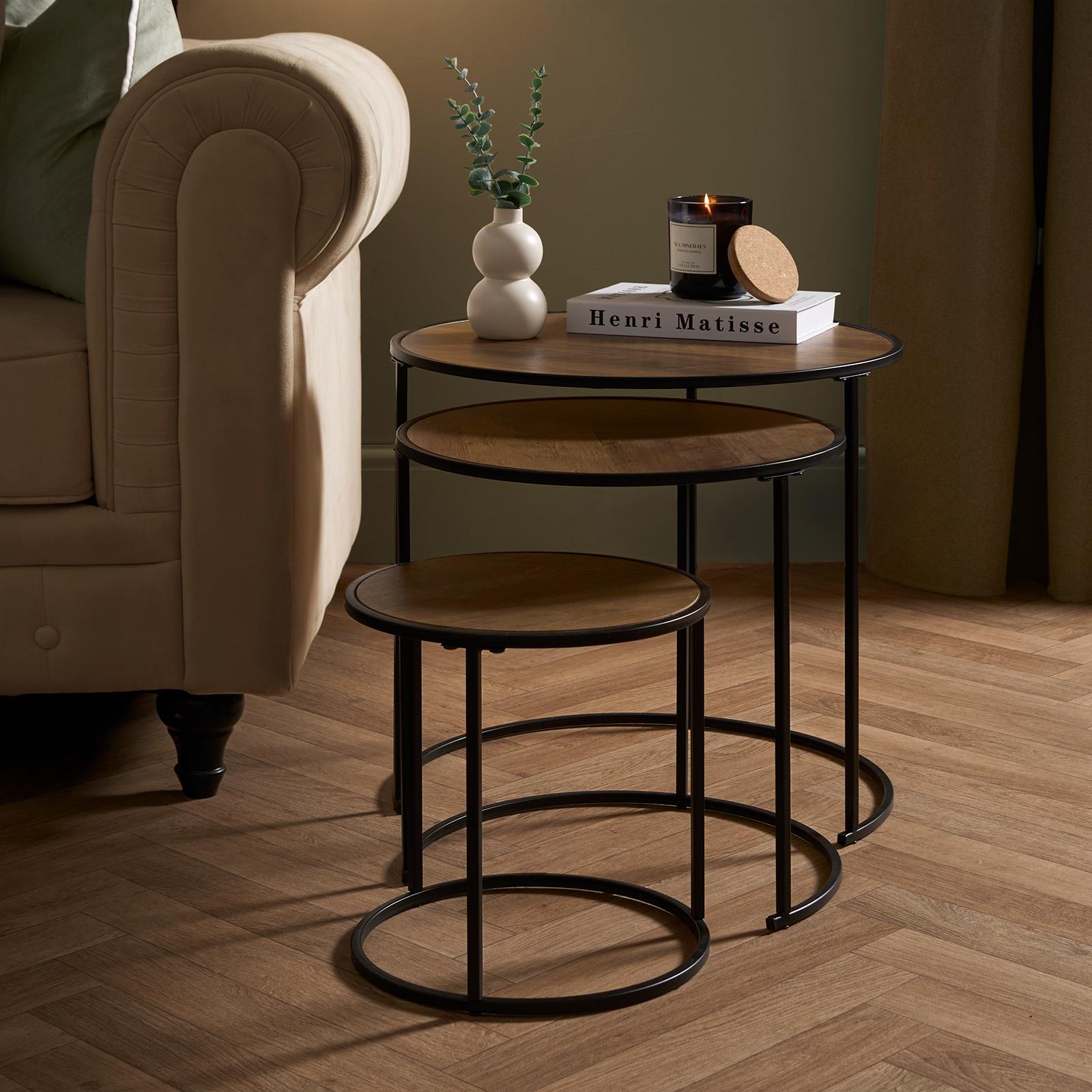 OHS Manhattan Round Nesting Side Coffee Table with Metal Frame | Brown ...