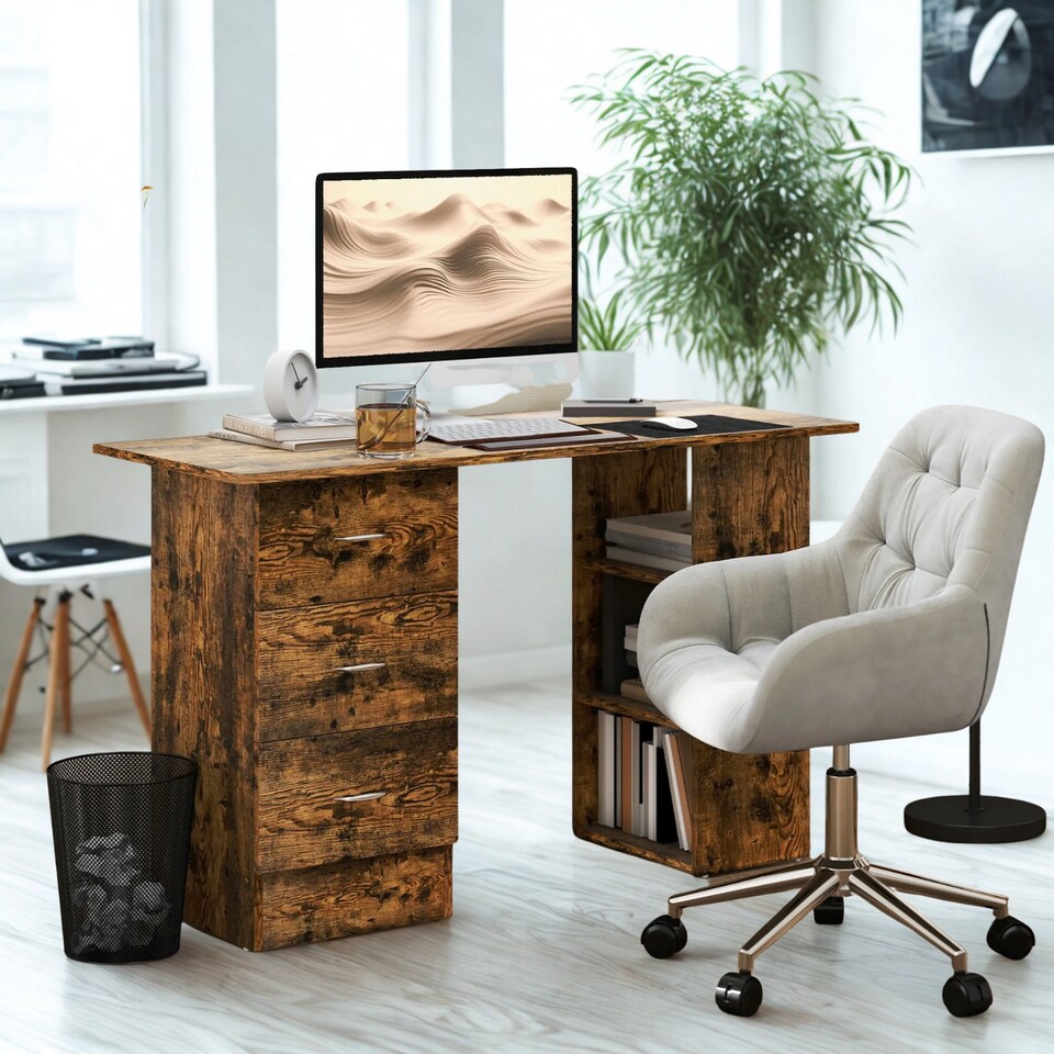 Industrial Rustic 120CM Computer Desk With 3 Drawers and Shelves ...