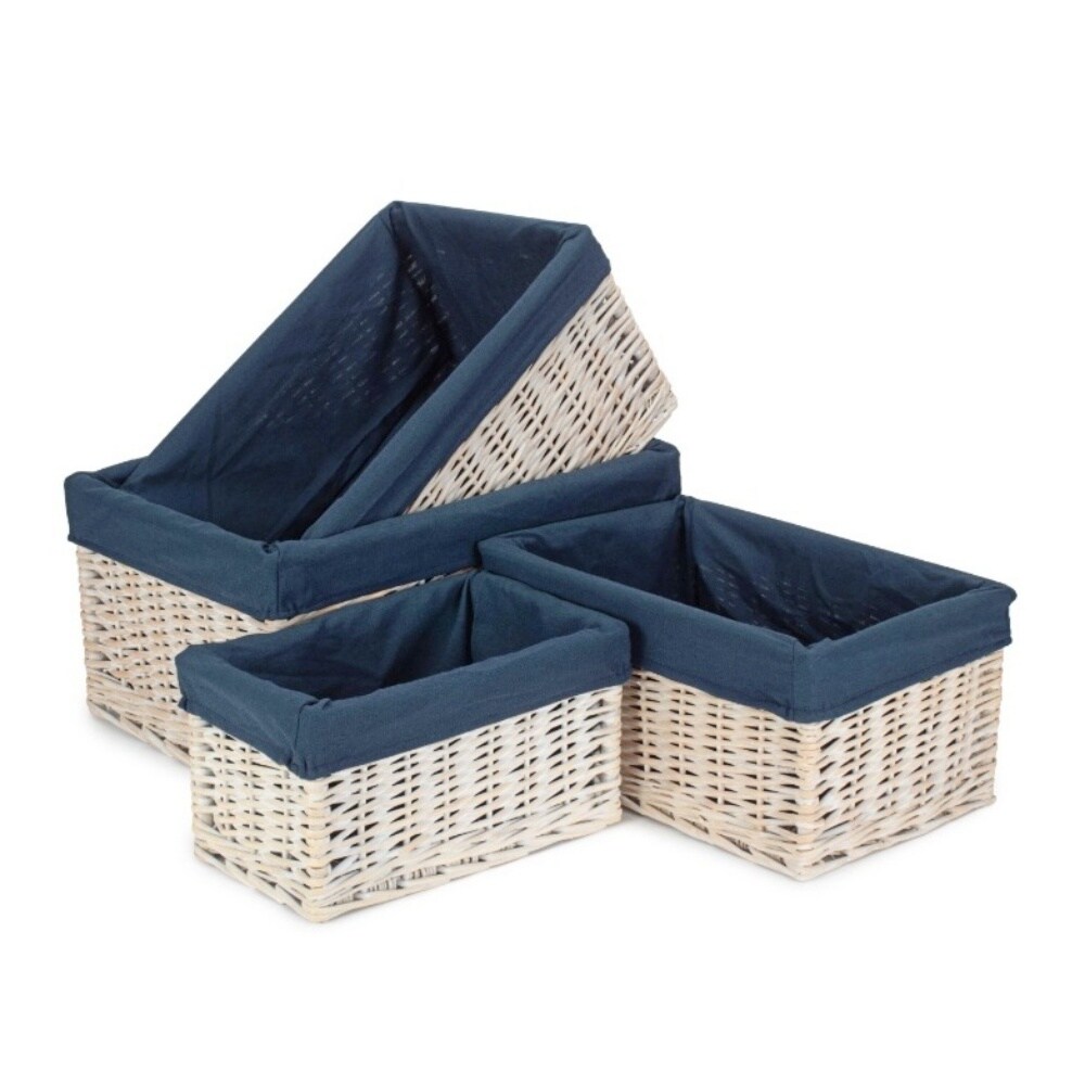 Set of 4 White Wash Navy Lined Open Storage Baskets | Blue | Blue | Not ...
