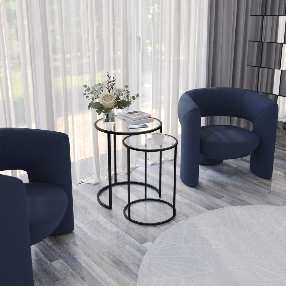 2 Piece Round Nesting Side Tables Set Tempered Glass Top Metal Leg ...