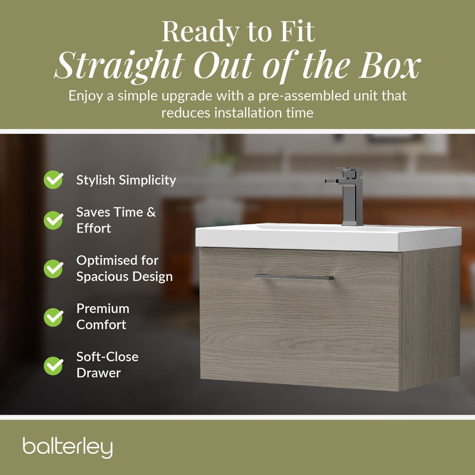 Balterley Wall Hung Bathroom 1 Drawer Vanity Unit and 1 Tap Hole ...