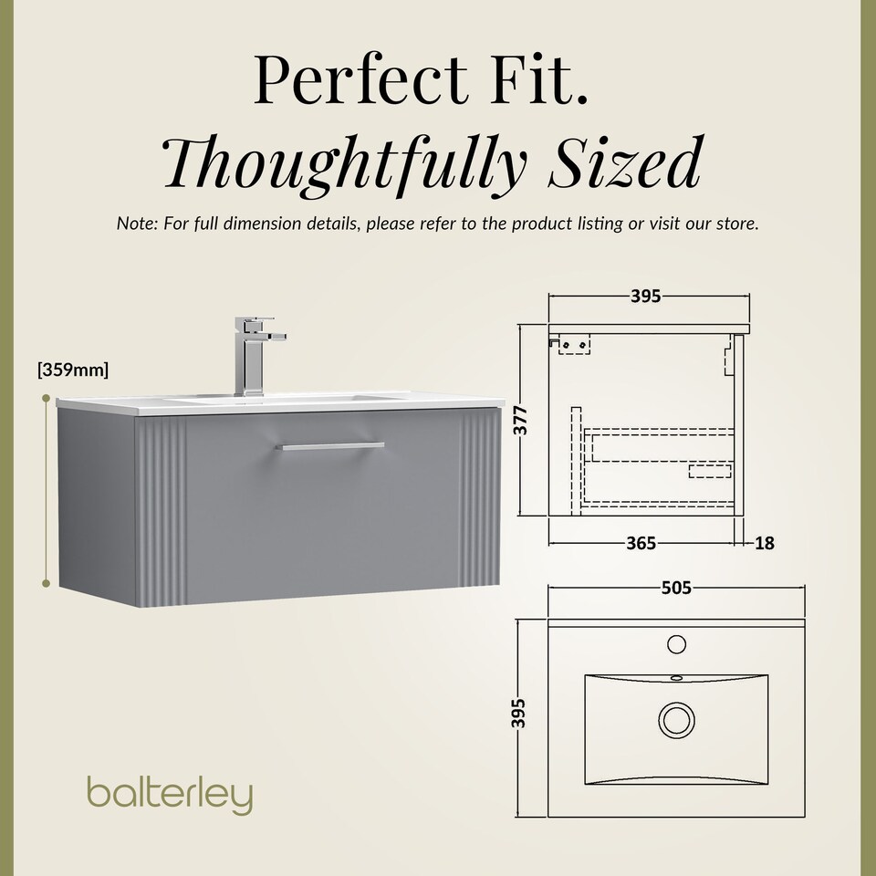 Balterley Partial Fluted 1 Drawer Wall Hung Vanity Unit with 1 Tap Hole ...