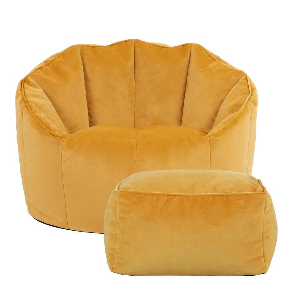 Sirena Scallop Chair Bean Bag and Footstool Ochre Yellow Velvet Bean ...