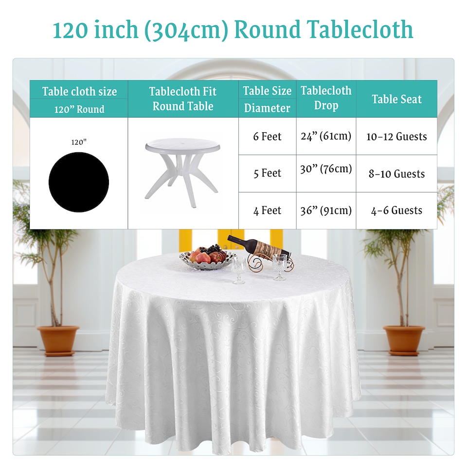 120 Inhes White Round Damask Tablecloth, Circular Dinner Table Cover ...